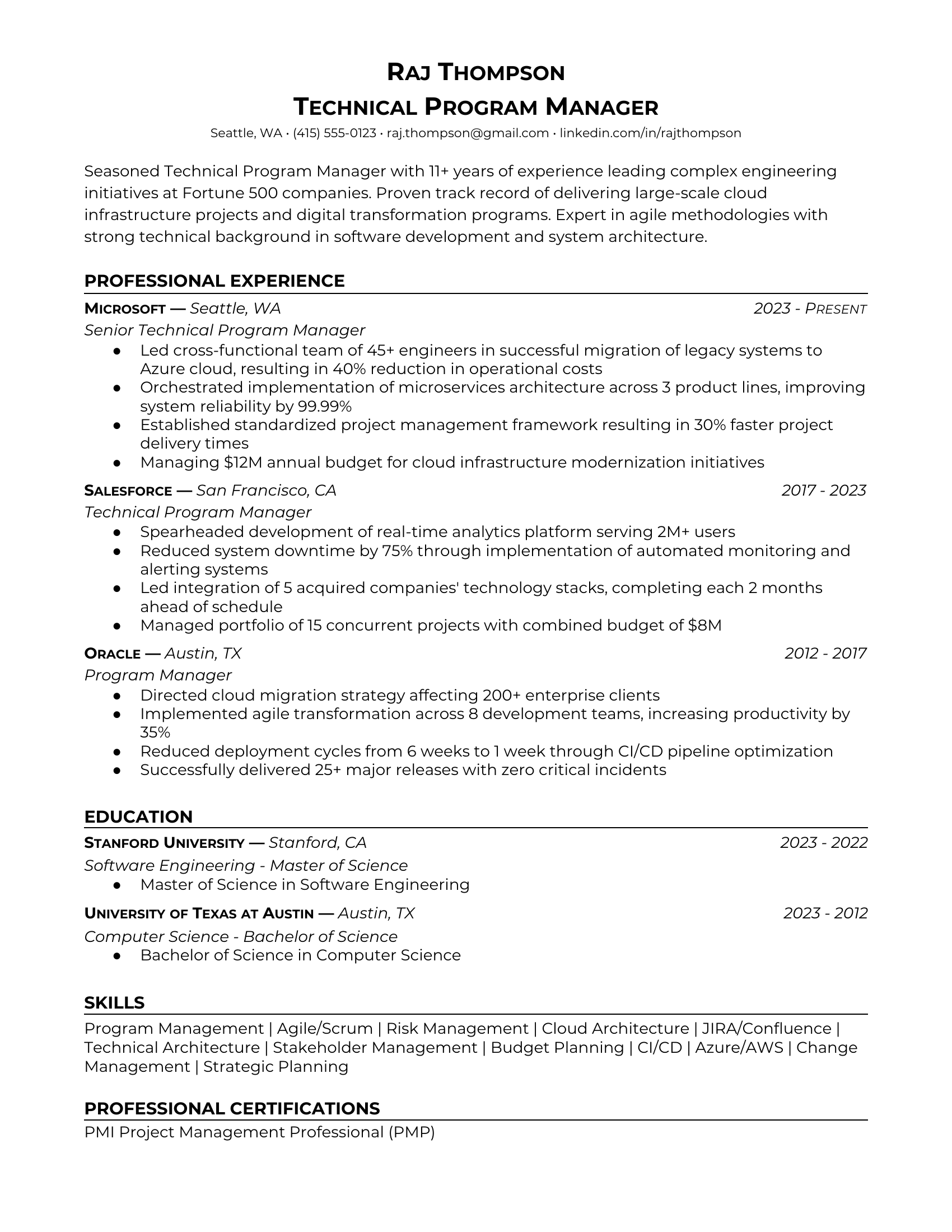 Technical Program Manager in Engineering Resume Examples & Tips for 2025 | Careerday